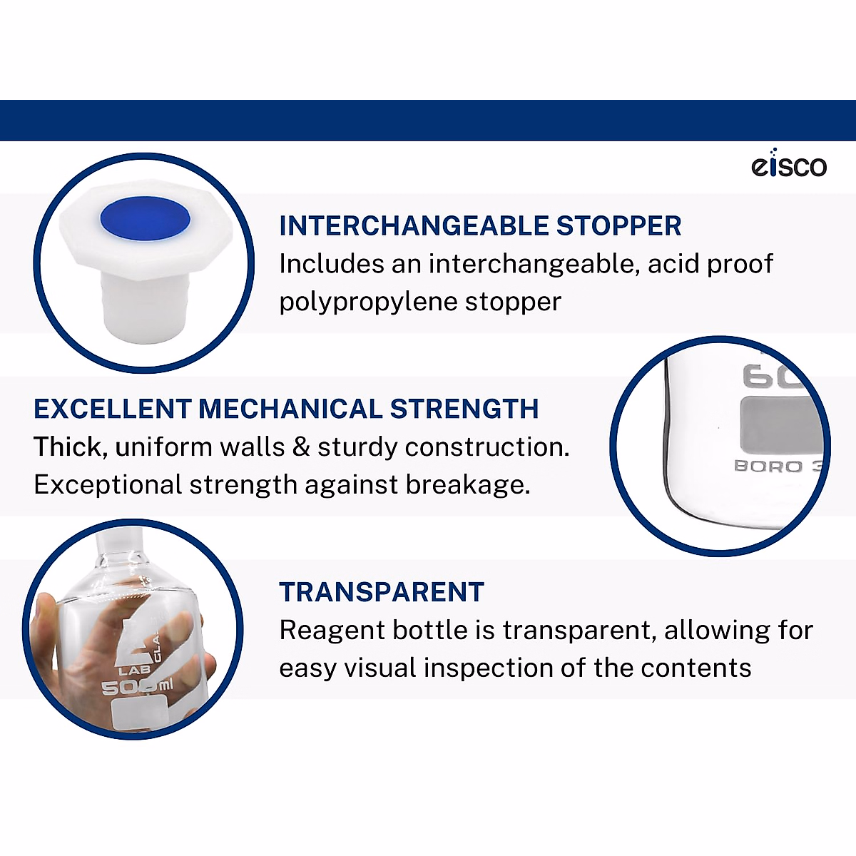 EISCO 250mL (8.4oz) Glass Reagent Bottle with Acid Proof Polypropylene Stopper, Borosilicate 3.3 Glass Labs