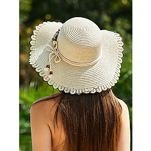 Verdusa Women's Scalloped Wide Brim Straw Sun Hats Boho Beaded Beach Hat Beige One-Size