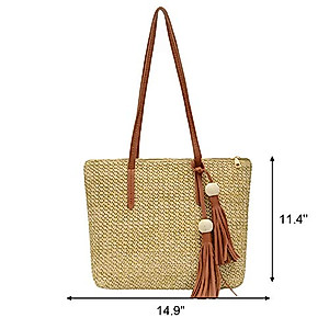 QTKJ Women Summer Straw Beach Bag Handwoven Big Tote Leather Shoulder Bag Handbag with Beaded Tassel Decorate (Khaki)