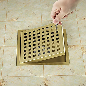 Bmvlffs Square Shower Floor Drain 6 Inch Brushed Gold, SUS 304 Stainless Steel with Flange, Removable Cover Quadrato Patten Grate, Includes Hair Strainer
