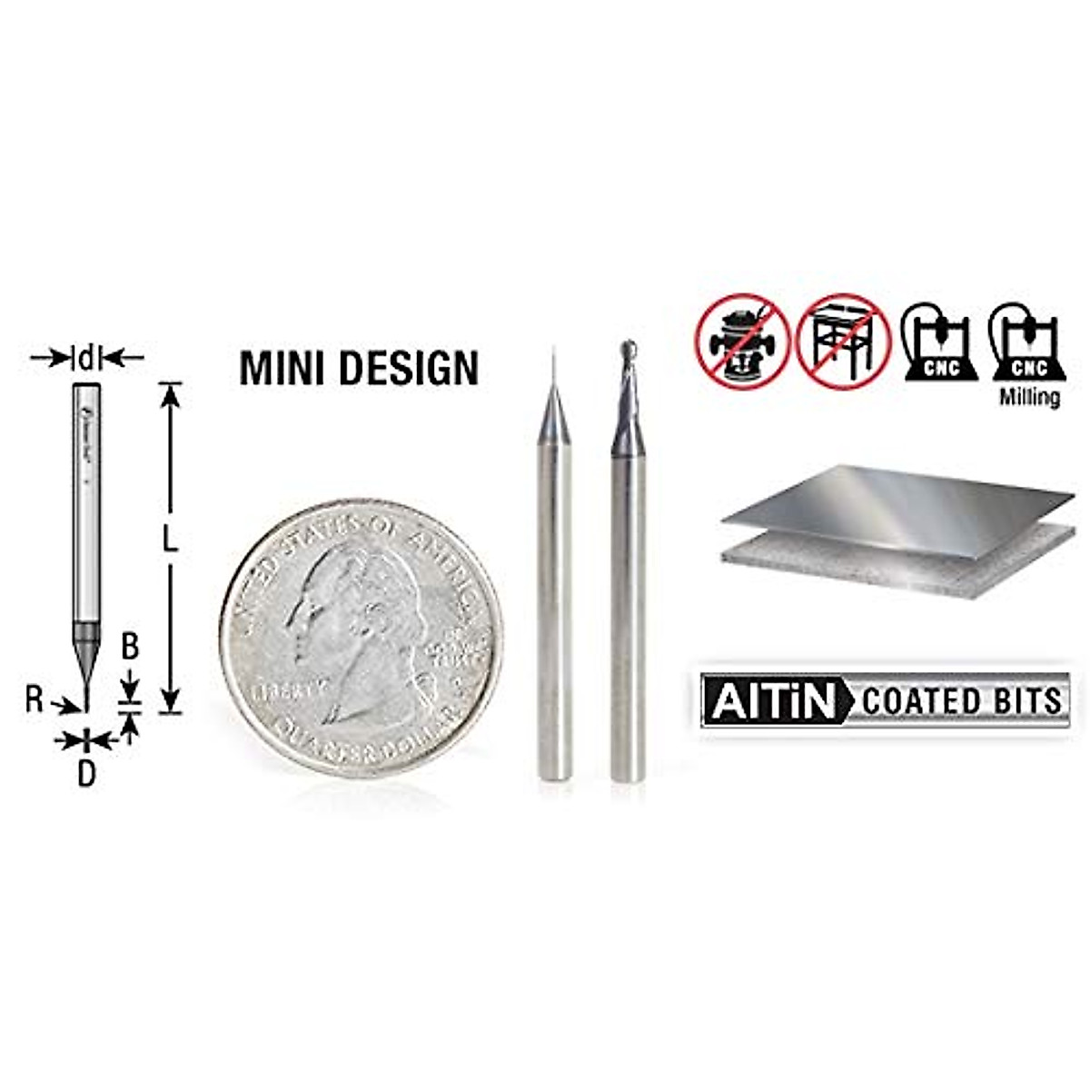 Amana Tool - 51739 AlTiN Coated CNC Steel, Stainless Steel & Composite Ball End Mini Mill