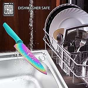 DISHWASHER SAFE Knife Set, Marco Almond®14PC Rainbow Titanium Kitchen Knife Set, KYA27 Knives sets for Kitchen with Block, Teal