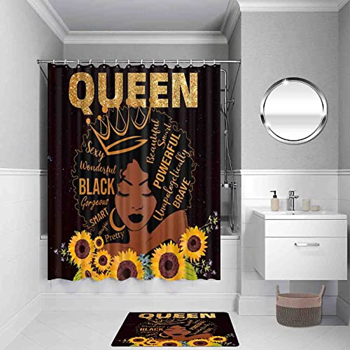 Mycurer African Bathroom Sets with Shower Curtain and Rugs,American Black Queen Inspiring Quotes Bathroom Sets with Accessories,Sunflower Black Girl Bathroom Curtains Shower Set,Large Size