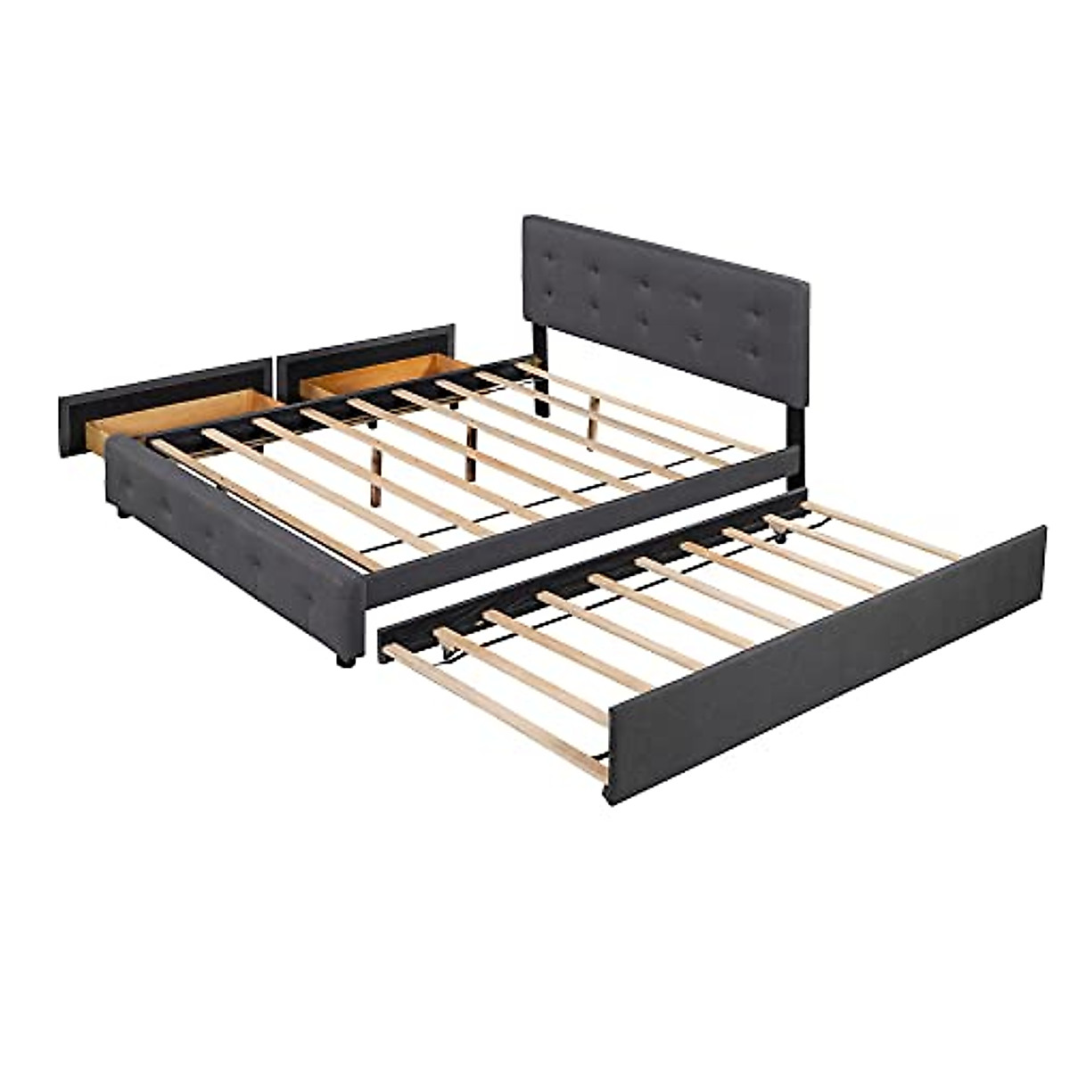 Queen Upholstered Platform Bed with 2 Storage Drawers and 1 Twin XL Trundle, Linen Fabric, Wood Bed Frame (Queen Size, Dark Gray)