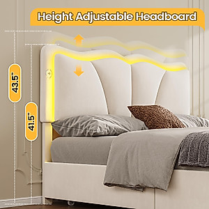 FORABAMB Twin Bed Frame with 4 Drawers, Upholstered LED Bed Frame with Adjustable Flowers Headboard, Platform Bed Frame Twin Size with Wooden Slats Support, No Box Spring Needed, Beige