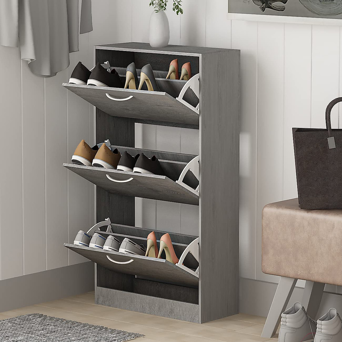 AIEGLE Shoe Cabinet with 3 Flip Drawers, Modern Shoe Storage Cabinet for Entryway, Freestanding Shoe Rack for Small Space, Grey (22.4" W x 9.4" D x 42.1" H)