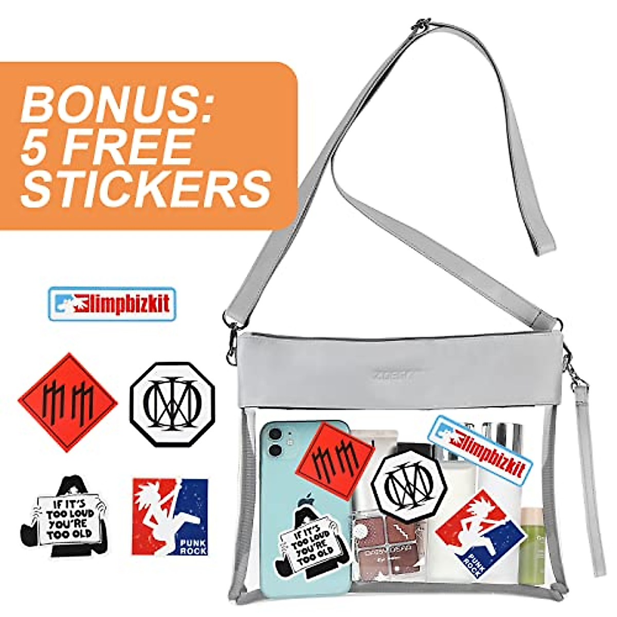 ZOEGATE Clear Bag Crossbody Purse Bag Stadium Approved Clear Concert Purse Shoulder Bag Tote Bag with 5 Cool Stickers (Grey)