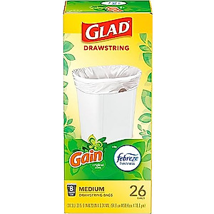 Glad Medium Drawstring Trash Bags, 8 Gal, Gain Original Scent with Febreze, 26 Ct, Pack May Vary