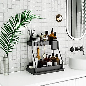 Santoy 2 Pack Under Sink Organizers and Storage, L-Shaped Pull-Out Sink Bathroom Kitchen Organizer with Hooks and Hanging Cup, 2 Tier Under Sink Cabinet Baskets Shelf with Sliding Drawers，Black