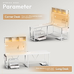 Dowinx L Shaped Desk with Pegboard and Removable Filing Cabinet, Reversible 67” Computer Gaming Desk with Power Outlet and Led, Office Corner Desk with Storage for Home Game, White