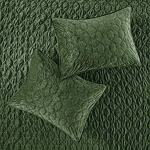 Madison Park Harper Quilt Set Velvet Casual Geometric Stitching Design All Season, Lightweight Coverlet, Cozy Bedding, Matching Shams, Full/Queen(90"x90"), Green 3 Piece