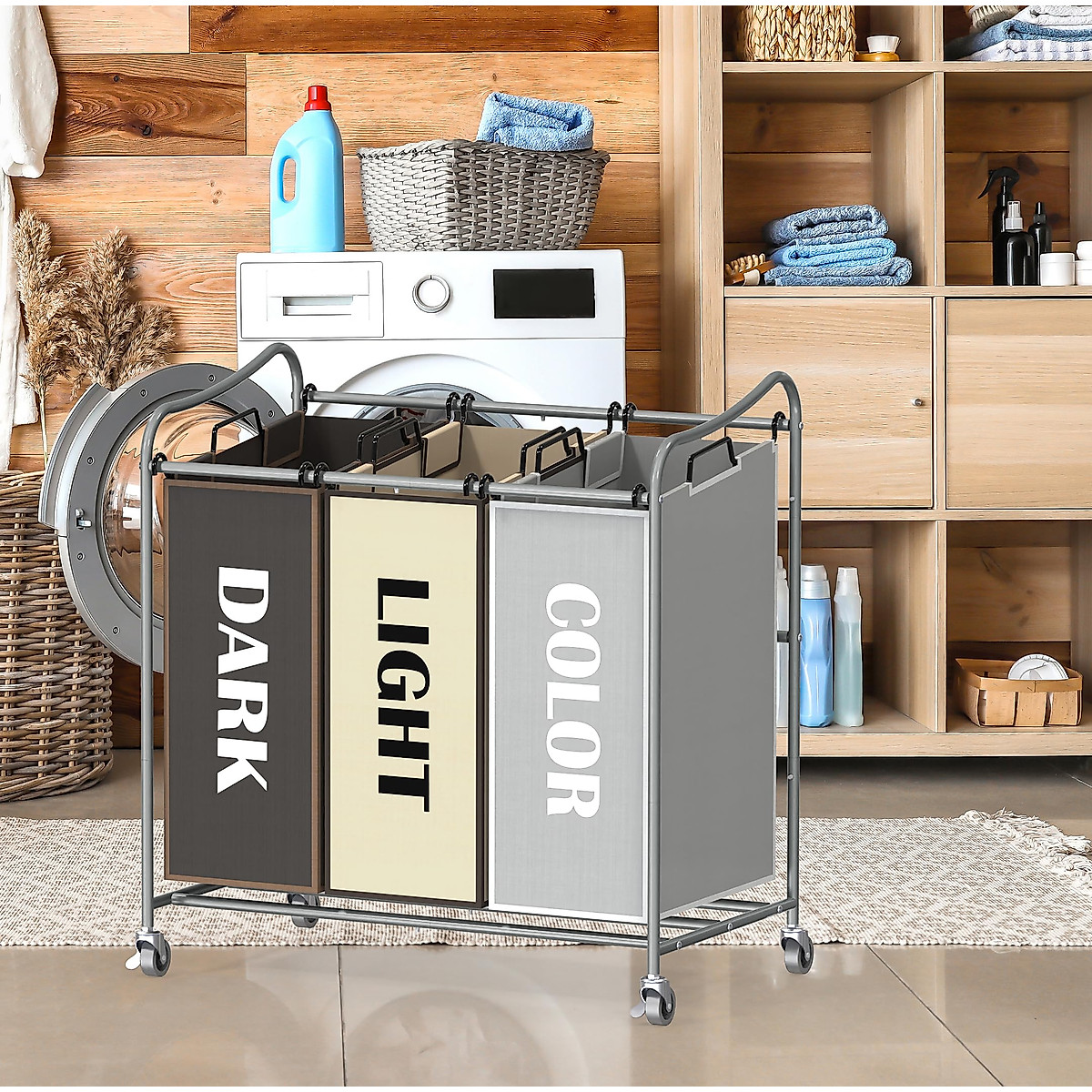 SimpleHouseware Heavy Duty 3-Bag Laundry Sorter Rolling Cart, Silver / Assorted Bags