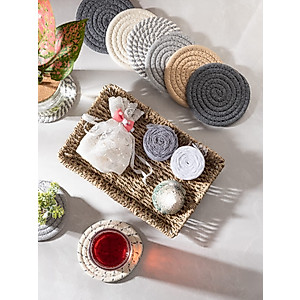 Boho Drink Coasters & Seagrass Basket Holder Set, 6 Styles 12 Pcs Handmade Braided Absorbent Coasters for Drinks, Hand Woven Seagrass Wicker Basket, Heat-resistant Woven Coasters for Table Home Decor