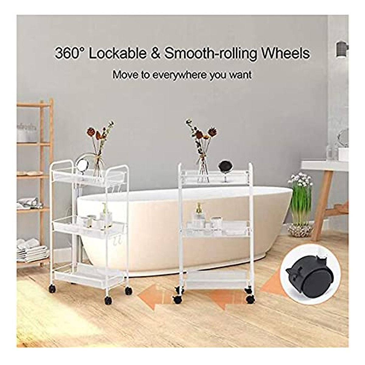 ATAAY Rolling Utility Cartwith Metal Mesh Basket Vegetable Rack Shelves for Kitchen Home Office Bathroom/White