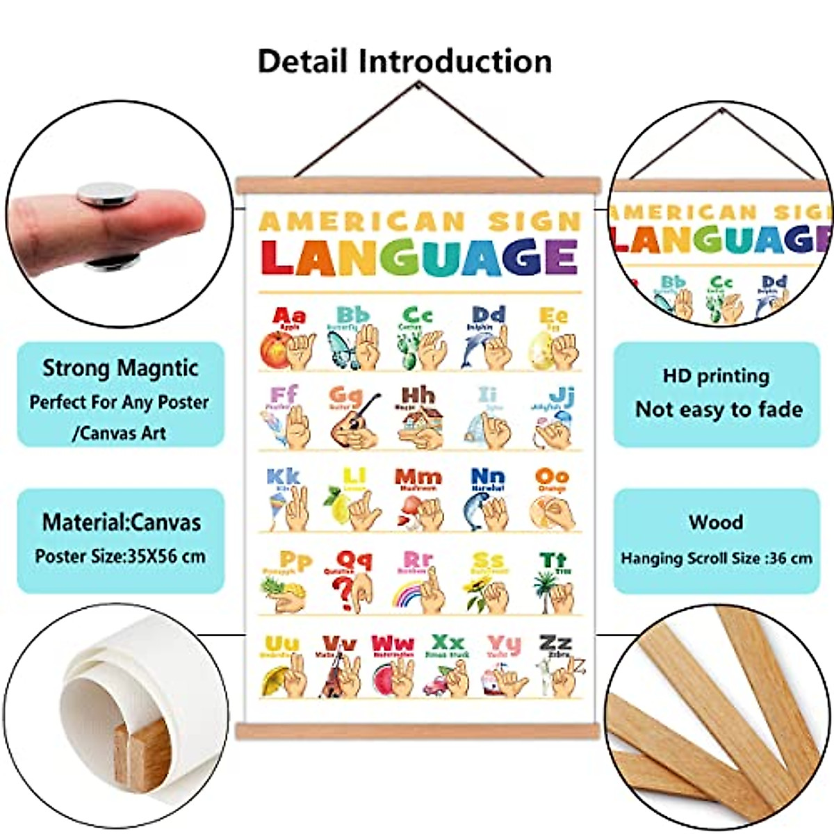 KAIRNE American Sign Language Poster with Wood Magnetic Hanger Framed(35CMx56CM),ASL Alphabet Wall Art Teaching Aid Alphabet Chart for Kids Playroom Classroom Decor