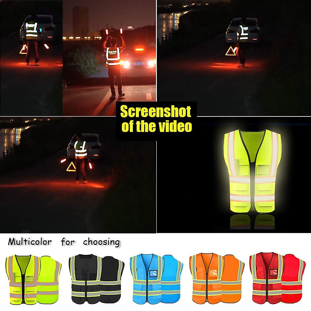YOWESHOP High Visibility Reflective Safety Vest Customize Logo With 5 Pockets Hi Vis Vest Outdoor Protective Workwear (Black - green webbing (L))