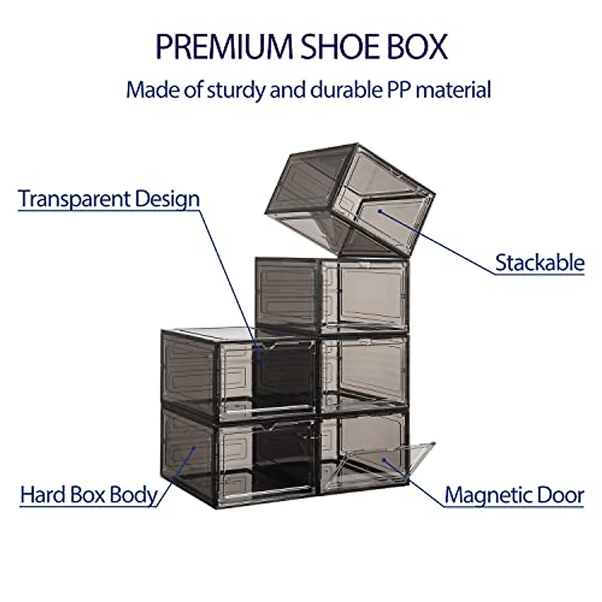 DEZENE Clear Stackable Shoe Storage Boxes: 6 Pack Balck Large Sturdy Plastic Shoe Organizer Containers for Closet, Drop Front Shoe Bins for Display Sneakers, Fit Shoe Size Up to US Men 12