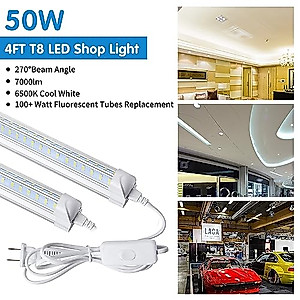 AQIQUUT Led Shop Light 4FT, Led Garage Light,50W 6500K T8 Led Daylight 7000LM Linkable Clear Cover Integrated V-Shape,for Garage Warehouse Workbench Workshop,4-Pack