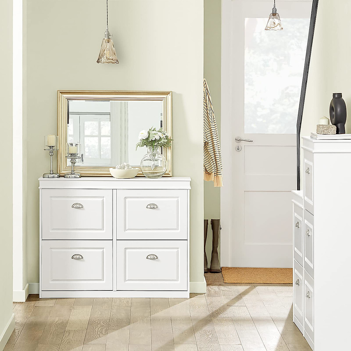 Haotian White Shoe Cabinet with 4 Flip Drawers, Large Freestanding Shoe Rack, Modern Shoe Organizer for Entryway, Hallway, Entance FSR79-W