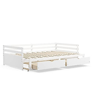 DORTALA Twin to King Daybed with Trundle and 2 Storage Drawers, Modern Extendable Daybed with Pull Out Bed Twin, Dual-use Sofa Bed for Bedroom, Guest Room, Living Room, No Box Spring Required, White