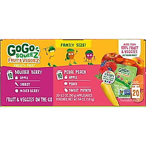 GoGo SqueeZ Fruit & VeggieZ Variety Pack, Pedal Peach and Boulder Berry, 3.2 oz (Pack of 20), Unsweetened Snacks for Kids, Gluten Free, Nut Free, Dairy Free, Recloseable Cap, BPA Free Pouches