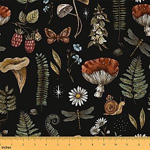 Mushroom Fabric by The Yard Natural Plant Wild Moth Snail Leaves Decor Fabric for Sewing Supplies Vintage Rustic Jungle Style Fabric for Outdoor&Indoor DIY Upholstery Projects 1 Yard