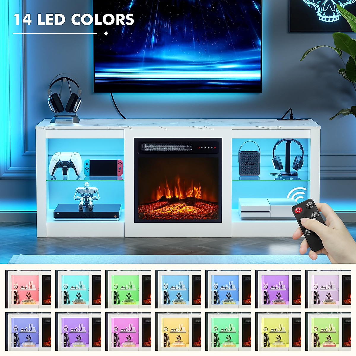 BREEZEHEAT 58inch Electric Fireplace TV Stand for 65'' TV-Entertainment Center with 18'' Fireplace and Led Light-TV Console with Glass Shelves, Power Outlets, Remote Control (White Marble)