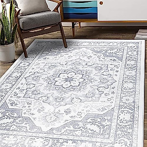 Topotdor Machine Washable Area Rug 5x7 Large Ultra-Thin Vintage Area Rugs with Non-Slip Backing, Gray Distressed Carpet Foldable Rugs for Kitchen Living Room Bedroom Dining Room