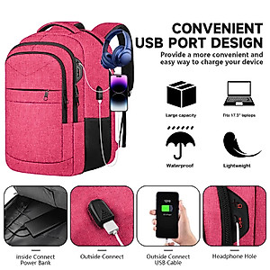 Lapsouno Extra Large Backpack, Carry on Backpack, 17.3 Inch Travel Laptop Backpack, Water Resistant Casual Hiking Daypack, Computer Bag with USB Port, College School Business Backpack for Women, Pink