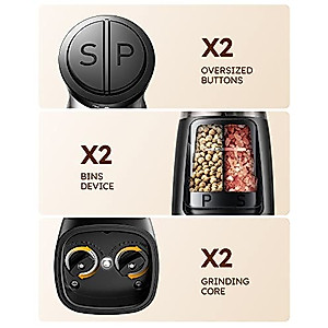 Sangcon 2 in 1 Electric Salt and Pepper Grinder Set, Battery Powered Salt and Pepper Mill, Automatic One-Handed Operation Refillable Grinder with Light, Adjustable Ceramic Grinders, Metallic Gunmetal