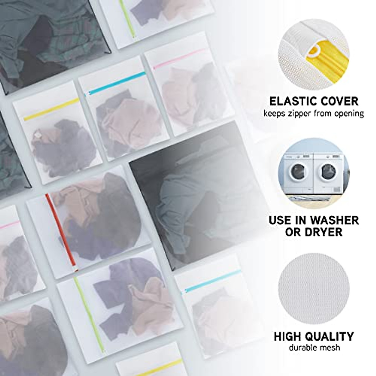 Zippered Mesh Laundry Bag - Various Sizes, Durable Breathable Material, Color Coding, Secure Zipper Closure (Set of 6)