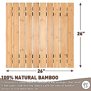 Tirrinia 26x26in Bamboo Picnic Table with Carrying Bag + Free Picnic Pad, Outdoor Portable All-Purpose Table for Concerts, Camping, Beach, Tailgating, Patio, Kitchen, Living Room