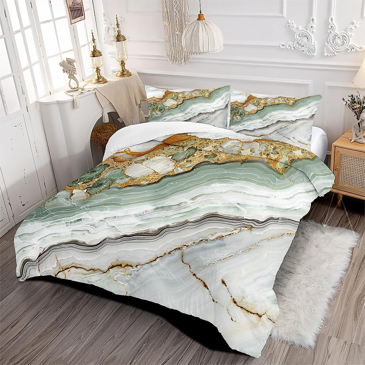 CCoutueChen Sage Green Marble Duvet Cover Queen Size Gold Foil Print Comforter Bedding Set Green White Marble Duvet Covers Set Modern Abstract Comforter Cover with 2 Pillowcases（Girls Women Adult）