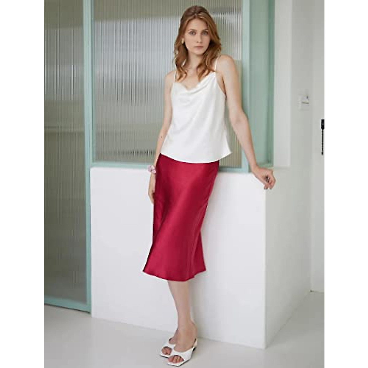 Ekouaer Satin Tank Top for Women Silk Camisole Tops Cowl Neck Camis Soft Spaghetti Strap Sleeveless Loose Blouse A-White