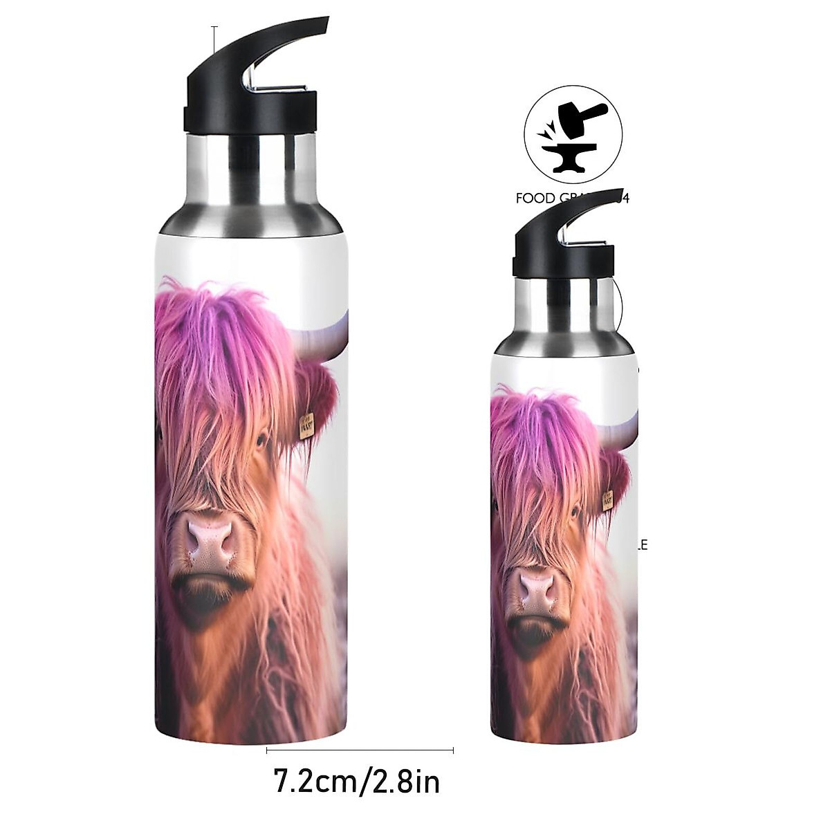 xigua Highland Cow Colorful Dyed Hair Sports Water Bottle with Straw Lid 22 oz, Leak Proof, Vacuum Insulated Stainless Steel, Double Walled, Thermo Mug, Metal Canteen