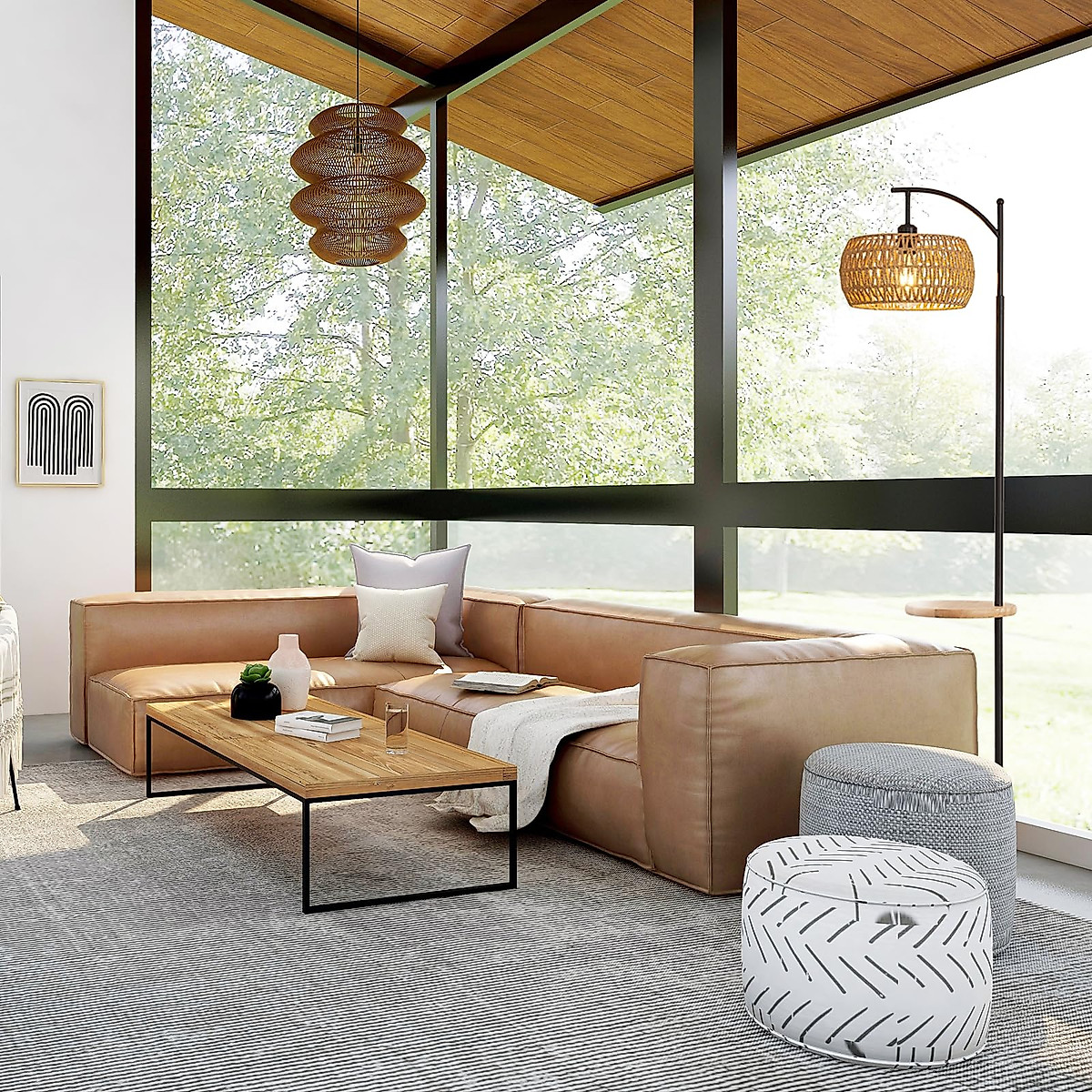 Feohak Boho Floor Lamp, Rattan Floor Lamp with Shelf, Bohemian Bamboo Wicker Coastal Rustic Farmhouse Woven Tropical Wood Tall Standing Lamp with Table for Living Room Bedroom