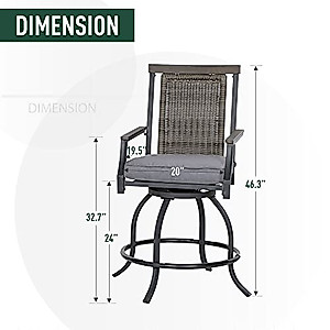 PHI VILLA Outdoor Swivel Bar Stools with Rattan Backrest and Wood-Like Armrest Set of 2, Bar Height Patio Chair with 3.5" Padded Grey Cushion,All Weather for Garden,Yard,Lawn