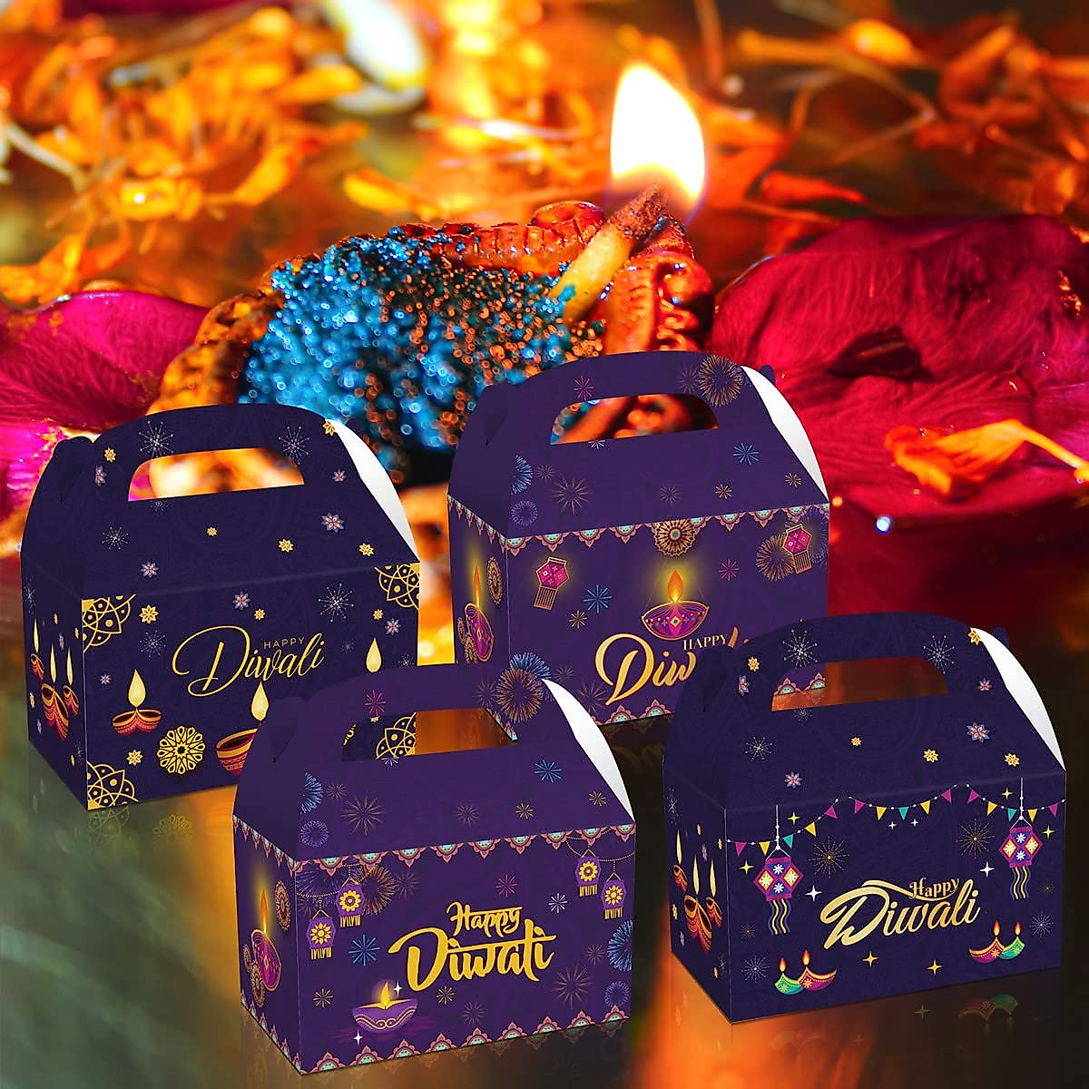 KYMY Diwali Treat Box,12pcs Happy Diwali Goodie Candy Gift Boxes for Snack Sugar Chocolate,Diwali Party Favors for India Festival Party Decorations (Purple)