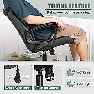 Furniwell Home Office Chair Mid Back Executive Computer Chair Ergonomic Desk Chair Swivel Adjustable PU Leather Chair with Armrests Lumbar Support (Black)