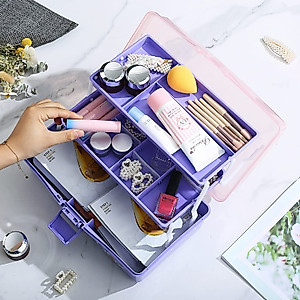 Kinsorcai 12'' Three-Layer Clear Plastic Storage Box/Tool Box, Multipurpose Organizer and Portable Handled Storage Case for Art Craft and Cosmetic (Purple)