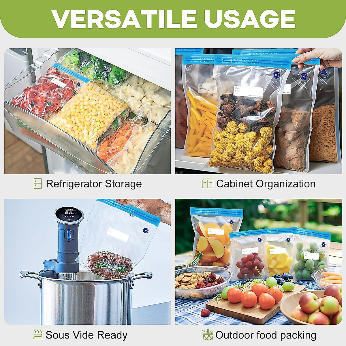 VMstr 60 PCS Food Vacuum Zipper Bags, Sous Vide Bags for Cooking(10.24 * 11.02in), Use with Food Handheld Vacuum Sealers