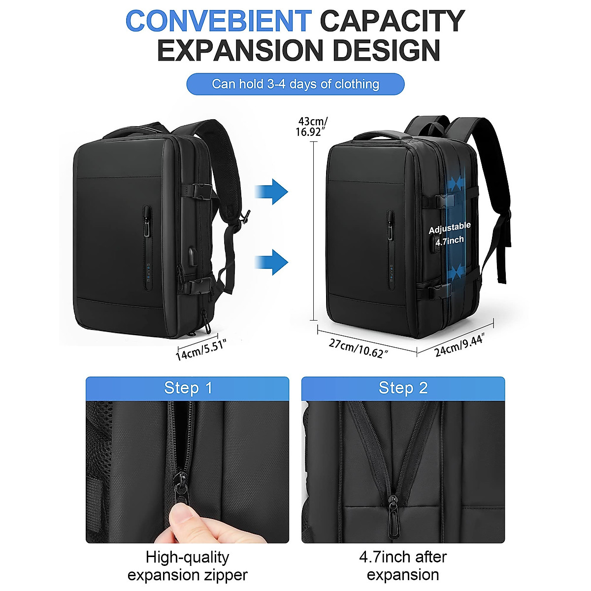 VECAVE Travel Backpack for Women Men Black Carry On Backpack,Expandable Airline Airplane Approved Weekenders Backpack,Fit 15.6 Inch Laptop Waterproof 40L Travel Backpack