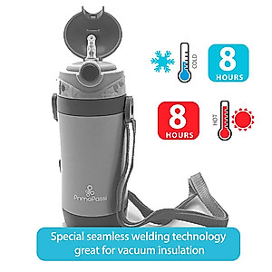 Insulated Straw Water Bottle | Kids Insulated Bottle | Thermos Bottle 12 Ounce Bottle - by Primo Passi (Gray)