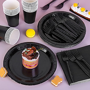 ADXCO Black Party Supplies Disposable Black Party Decorations 9 Inch Black Paper Plates Paper Cups Napkins Folks Serves 24 for Birthday Wedding Holiday Decorations