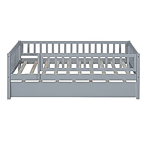 RORIGAT Wooden Daybed, Twin Size Bed Frame with Trundle and Fence Guardrails for Kids Teens Adults, Wood Slat Support, No Box Spring Needed, Easy Assembly,Gray