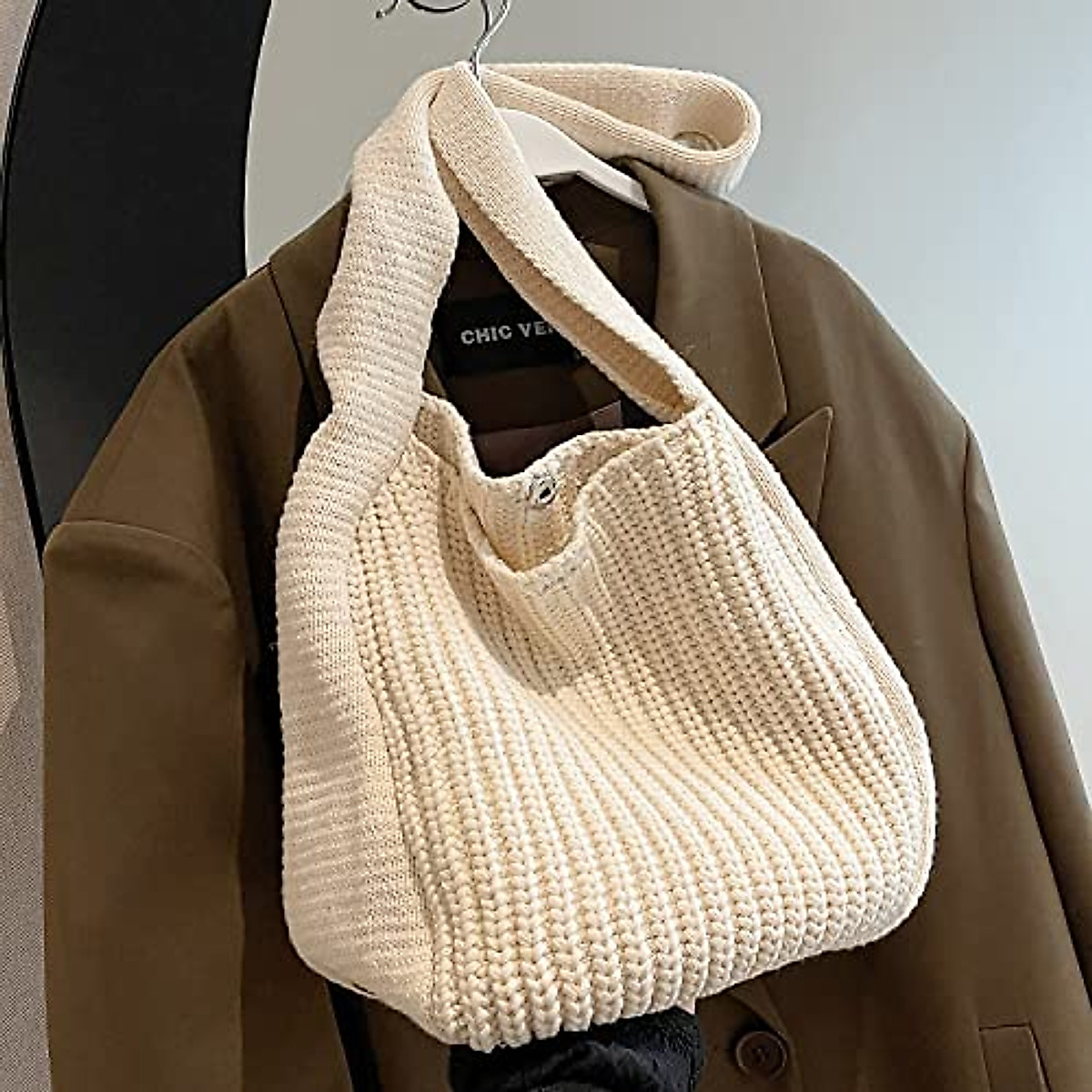 Womens Crocheted Hobo Bag Aesthetic Shoulder Knit Crochet Tote bag Knitted Accessory Boho Purse for Ladies Black