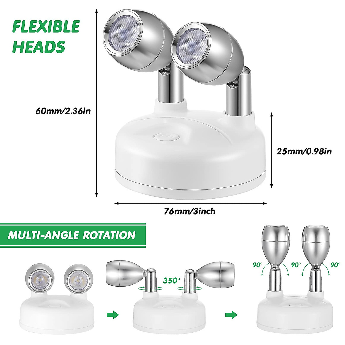 Honoson 4 Pack Dual Head Battery Operated Spotlights Indoor Wireless RGB LED Spot Light with Remote 13 Color Accent Lights with Rotatable Head Stick on Wall Hallway, for Painting Picture(White)