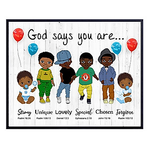God Says You Are Wall Art - Religious Gifts - African American Boys Room Decor - Spiritual Christian Gifts - Inspirational Bible Verses - Scripture Home Decor- God Wall Art - Black Boys Bedroom Decor