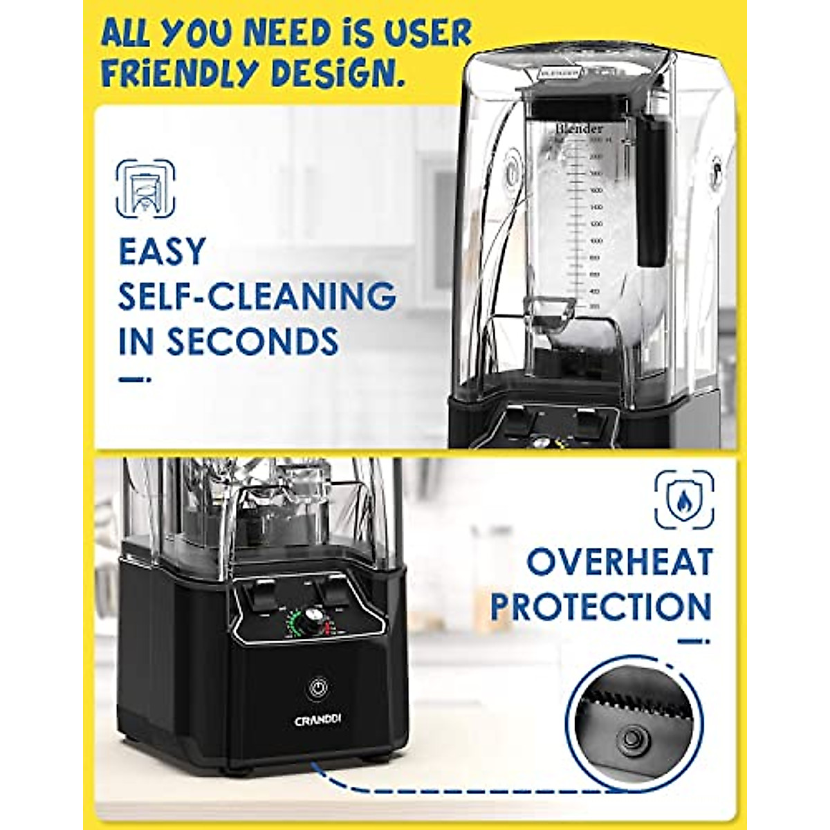 CRANDDI Quiet Commercial Blender with Soundproof Shield, 2200 Watt Professional Blenders for Kitchen with 80oz Jar and Self-Cleaning, High-Speed Blenders K90 Black