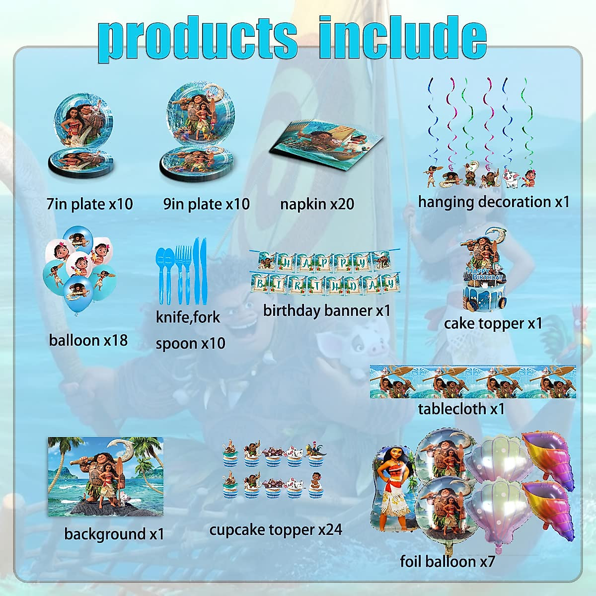 Moana Birthday Party Supplies, Birthday Party Decorations Including Banner Balloons Cupcake Toppers Tablecloth Tableware Background for Moana Theme Party Decorations